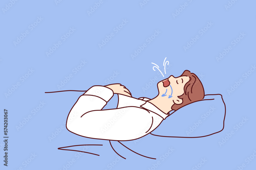 Man dozing on back in bed snores and has problems during obstructive ...