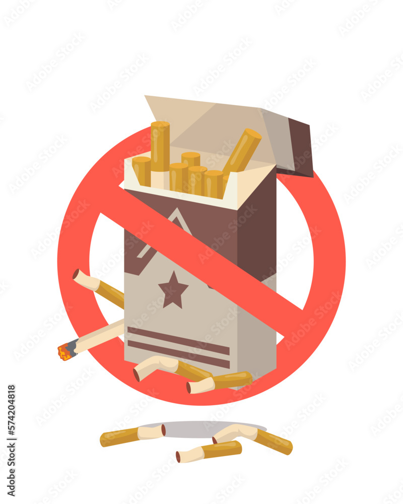 Crossed out pack of cigarettes flat vector illustration. Red no smoking ...