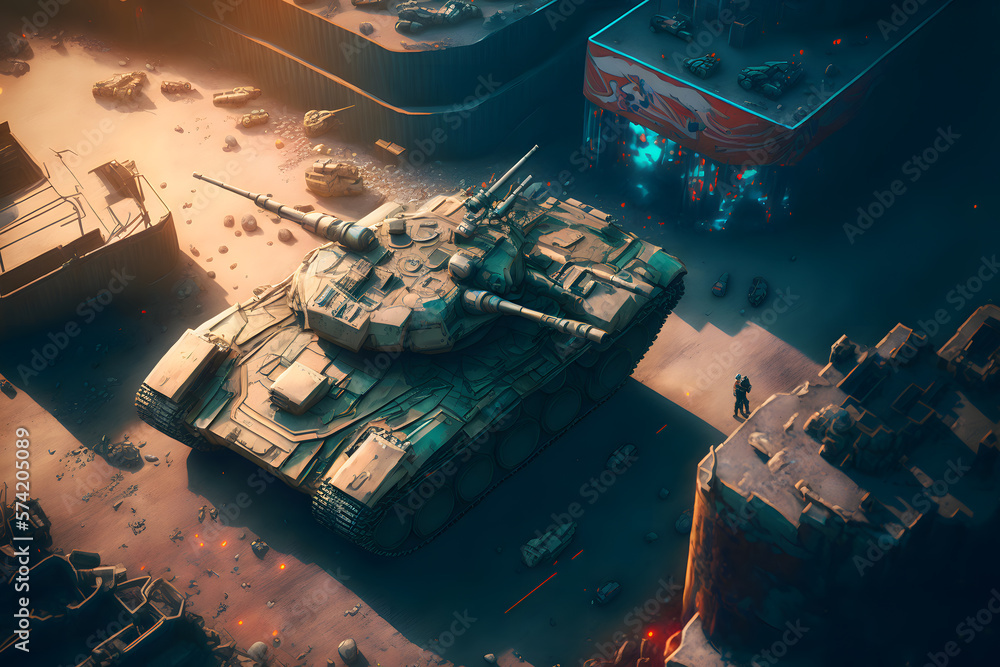 Modern futuristic battle tank with turret and cannon in city center ...