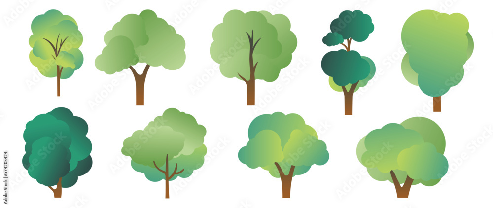 Set of cartoon trees vector. Simple modern style flat forest, jungle ...