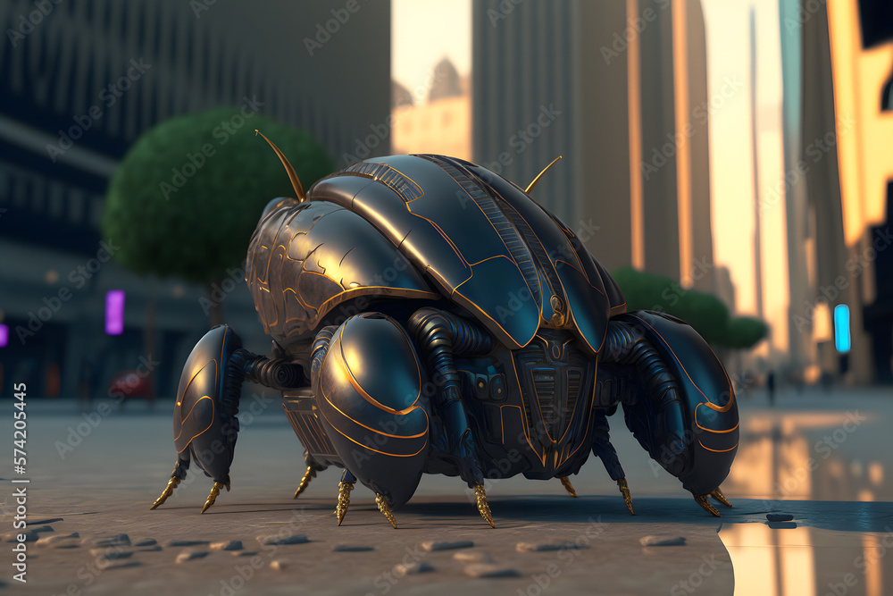 Modern futuristic car with bettle design in city center. Neural network ...