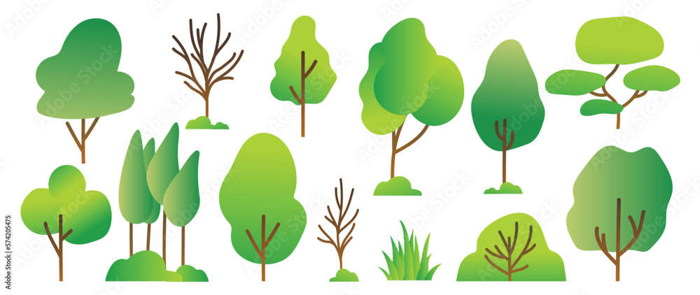 Set of cartoon trees vector. Simple modern style flat forest, jungle ...