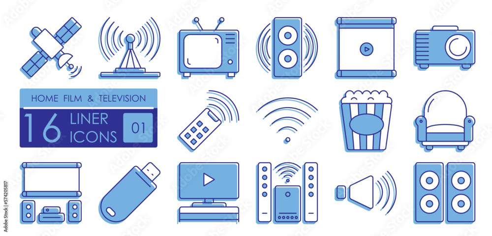 Set of color filled linear icons. Technology for entertainment, home ...