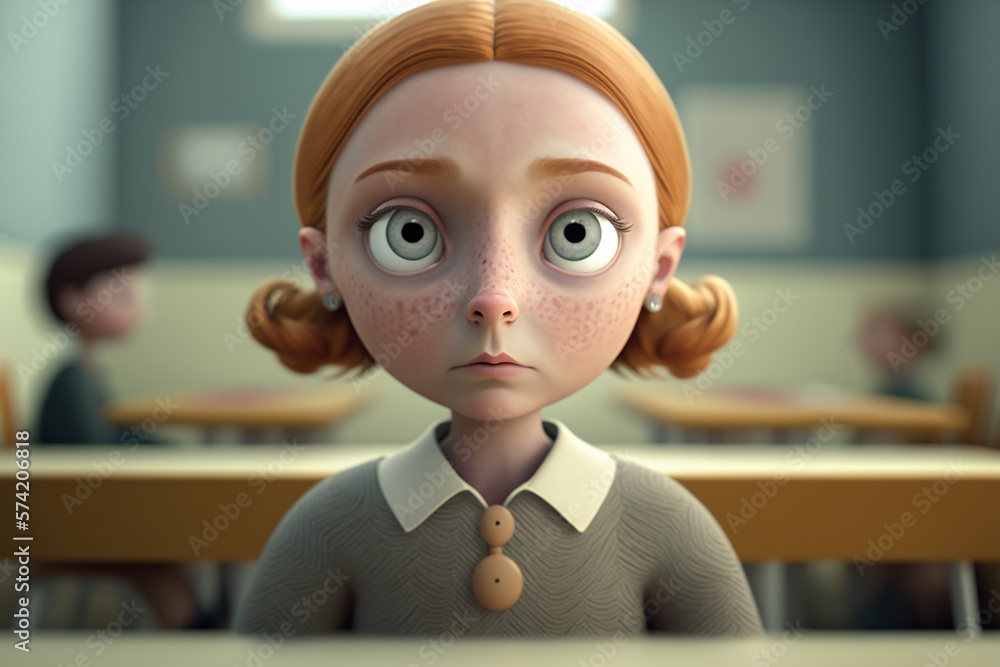 Cartoon girl with light freckles and big eyes in class room. Young ...
