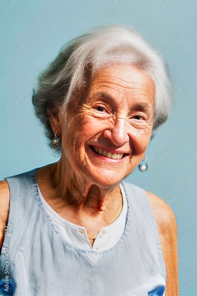 Portrait of an old white woman with gray hair smiling cheerful, happy ...