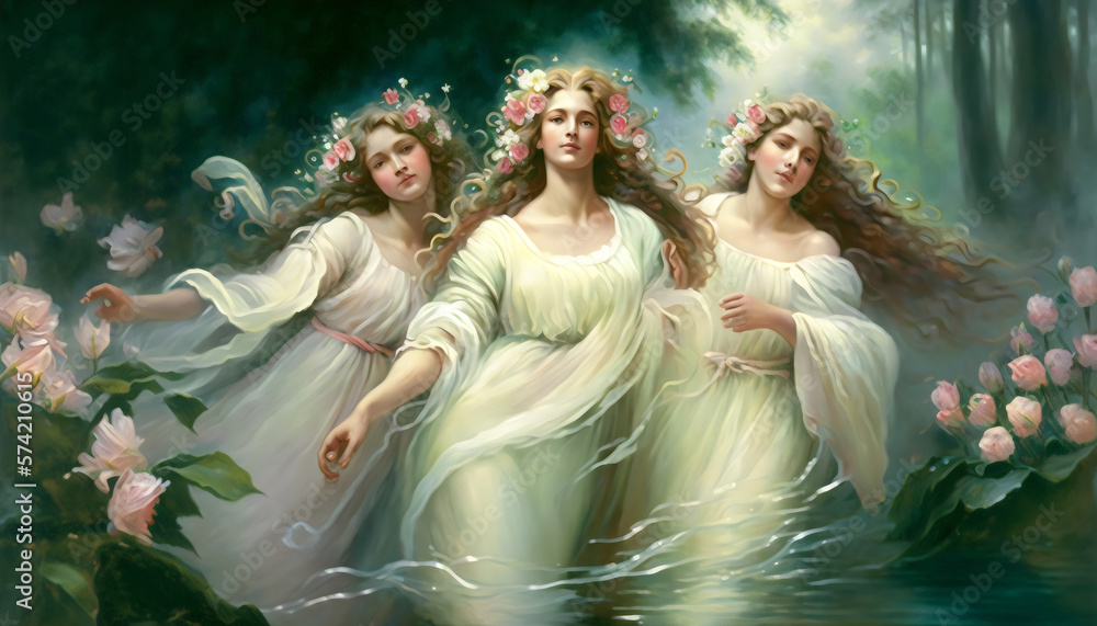 renaissance style oil painting of beautiful nymphs bathing in the water ...