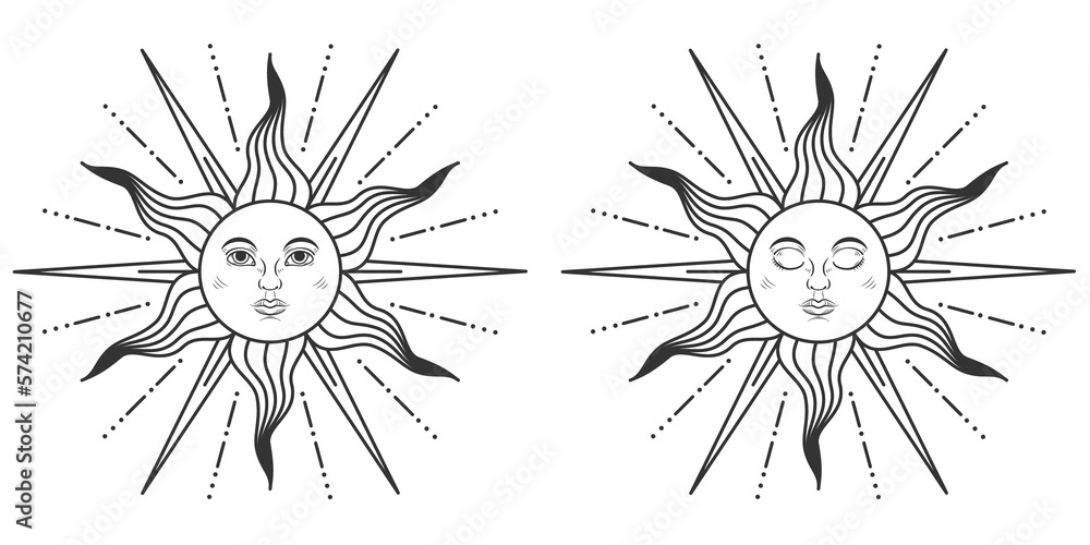 Pair of suns with open and closed eyes in medieval style. Illustration ...