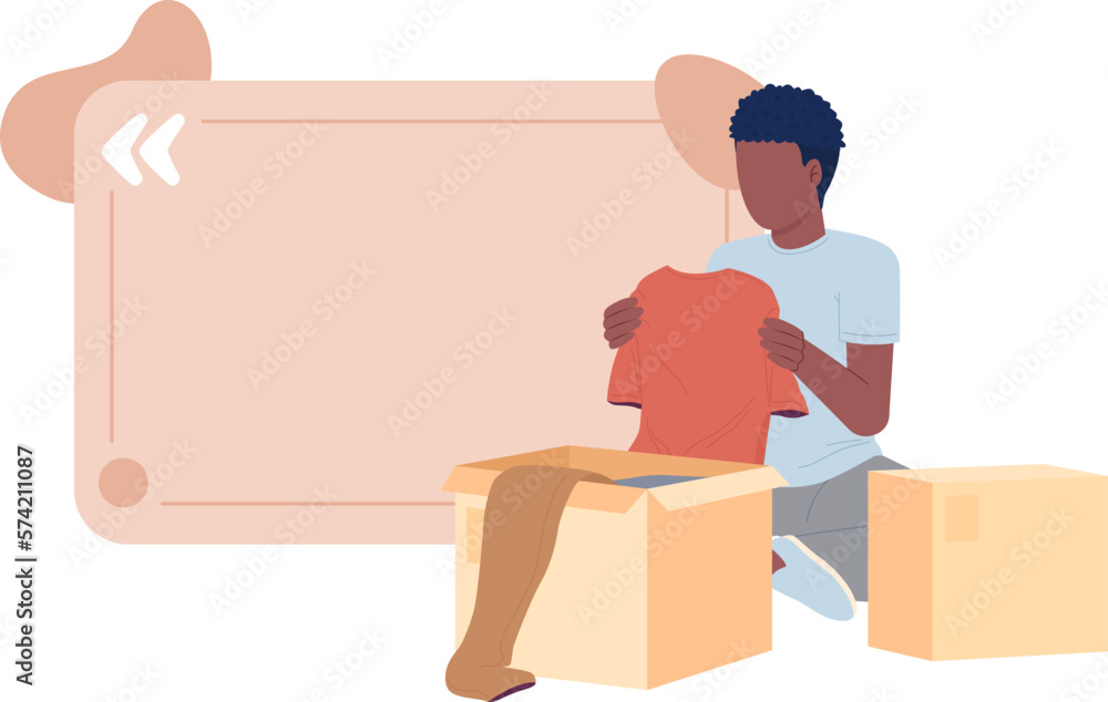 Young man packing clothes in cardboard boxes quote textbox with flat ...