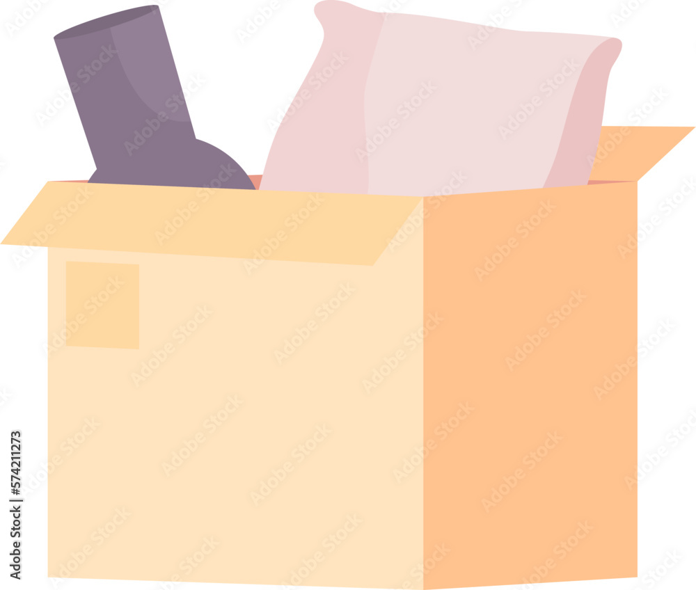 Open cardboard box with pillow and vase semi flat color vector object ...