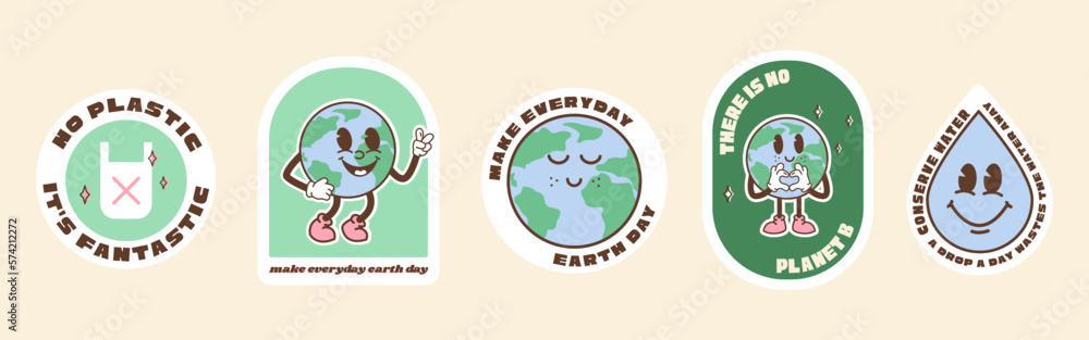 Save the planet stickers in trendy retro cartoon style. Sticker pack ...