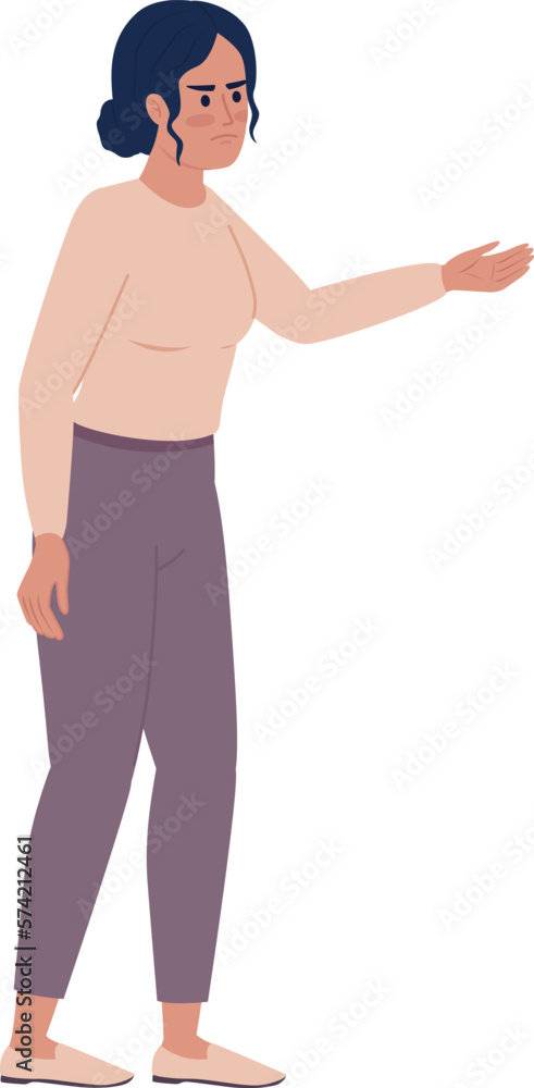 Displeased woman stretching arm in disagree semi flat color vector ...