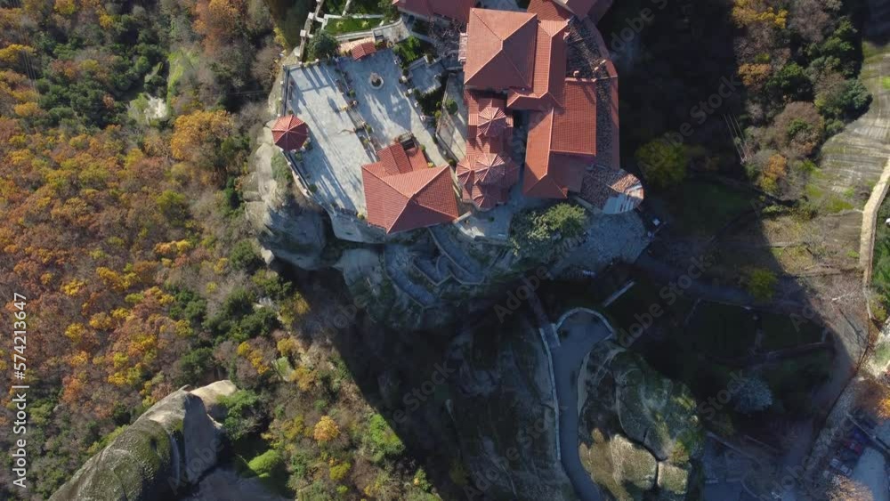 4K Meteora Monestary of Varlaam Birds eye View looking Down Meteora ...
