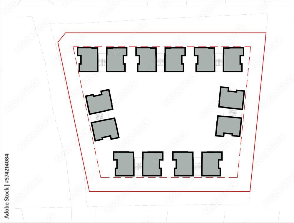 Abstract 2d illustration of a site plan with blocks on periphery. A ...