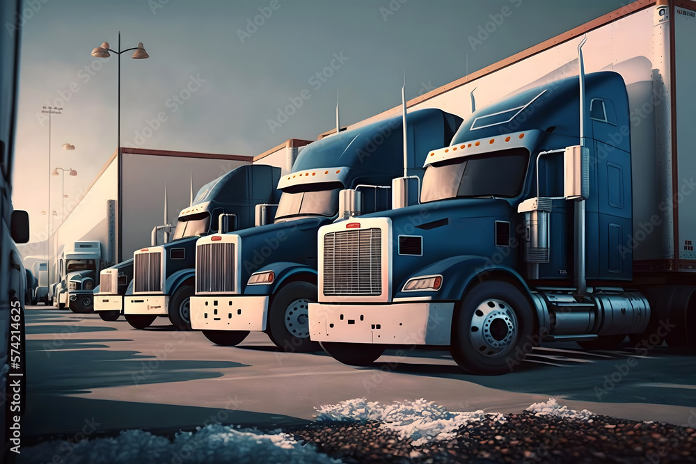 Semi Trailer Trucks on Parking lot. Delivery Trucks for Cargo Shipping ...