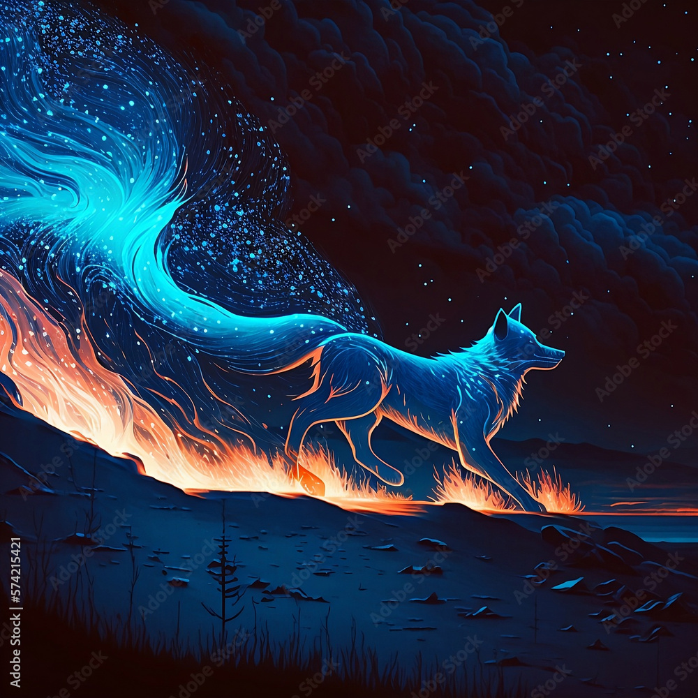 Blue flames of spirit fox in black background illustration. Fit for ...