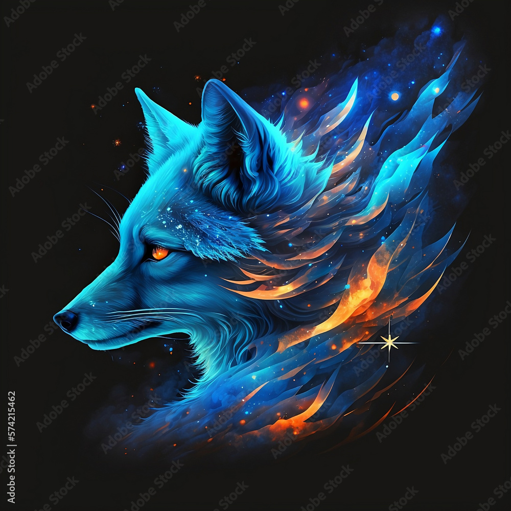 Blue flames of spirit fox in black background illustration. Fit for ...