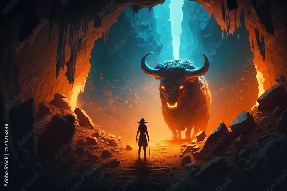 Theseus found the creature minotaur in cave labyrinth greek mythology ...