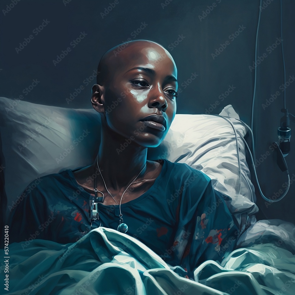 A dark-skinned woman in bed is fighting for her life with a serious ...