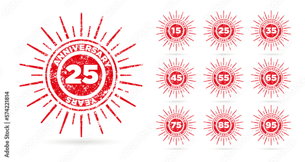 Set of anniversary logos from 15 to 95 years old, drawn as stamps, red ...