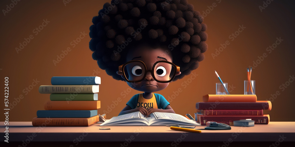 Child reading a book. Cartoon school student with afro hair studying ...