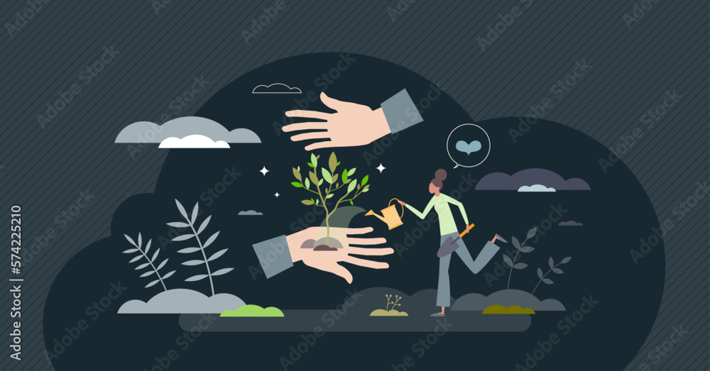 Tree planting activity and ecological plant growth tiny person concept ...