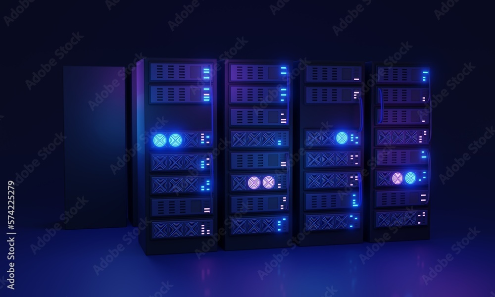 Data center 3D concept illustration. Cluster of powerful servers that work together to support ...