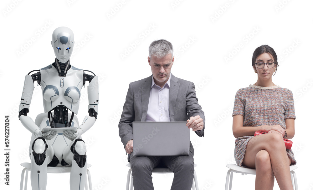 Business people and humanoid robot waiting for a job interview Stock ...