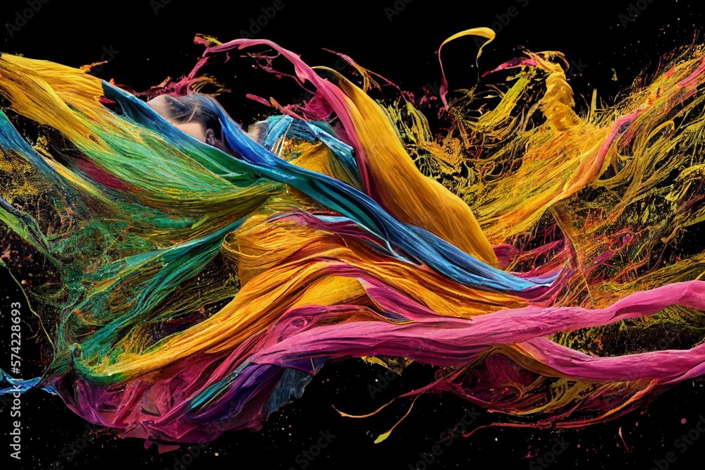 Female dance in abstract multi color paint explosion on black background. Freeze motion female ...