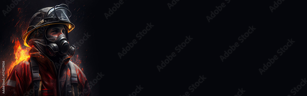 Fireman wearing firefighter turnouts and helmet. Dark background with ...