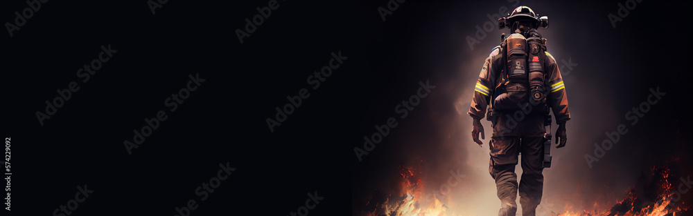 Fireman wearing firefighter turnouts and helmet. Dark background with ...