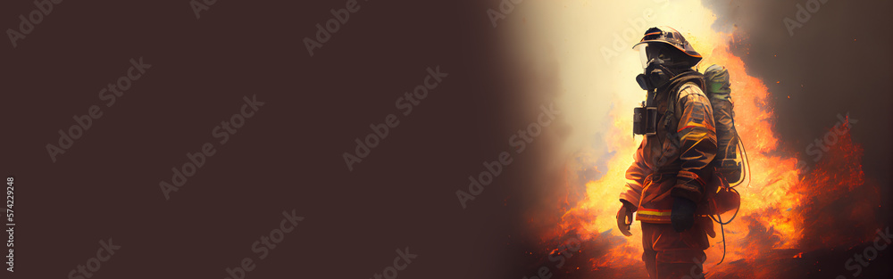 Fireman wearing firefighter turnouts and helmet. Dark background with ...