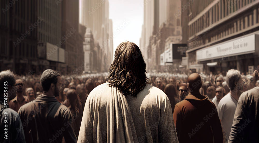 Jesus walking in a modern city with back view among the crowds ...