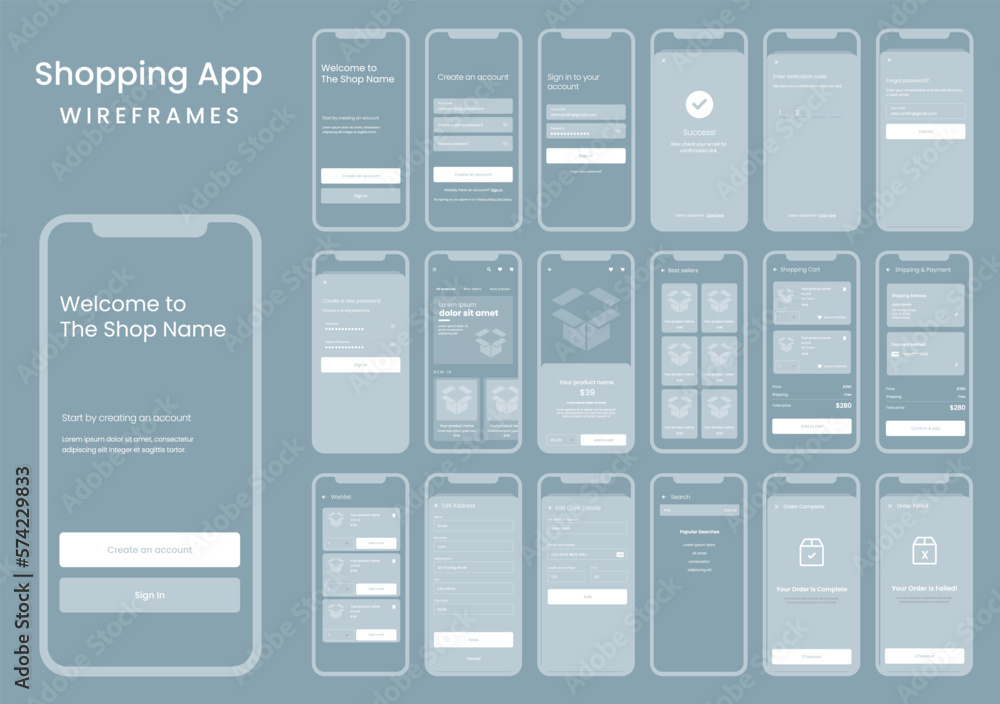 Vetor de Shopping mobile app screens design vector illustration ...