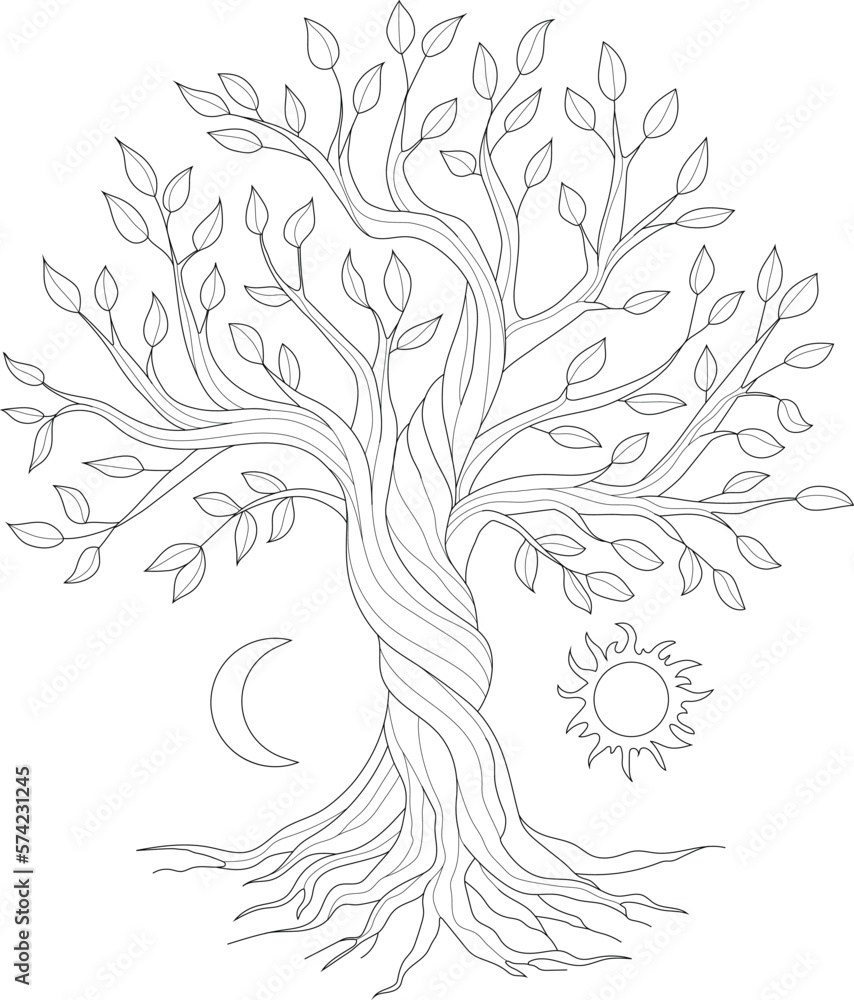 Judaism religion tree of life symbol with sun and moon graphic sketch ...