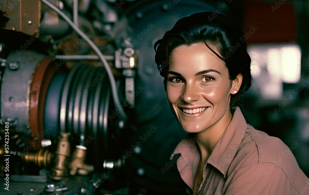 Working woman, working in a machine shop with industrial machines ...