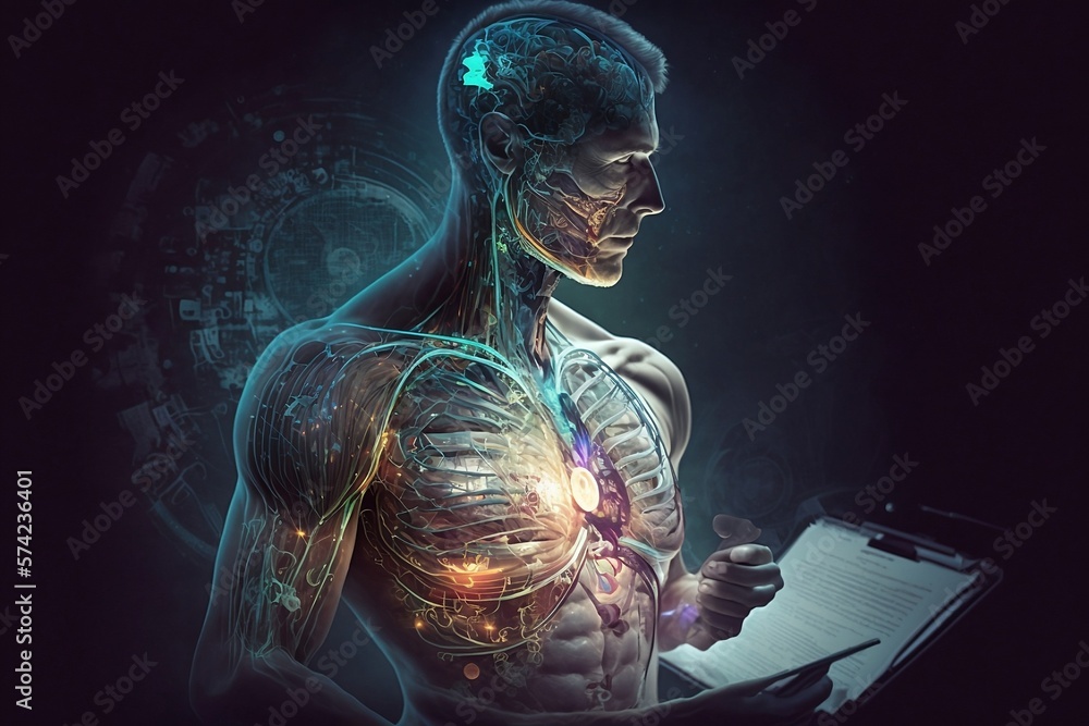 x ray of human skeleton, Human body with glowing neurons in brain ...