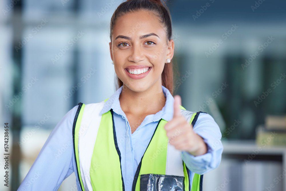 Engineer, portrait and woman with thumbs up in office for project ...