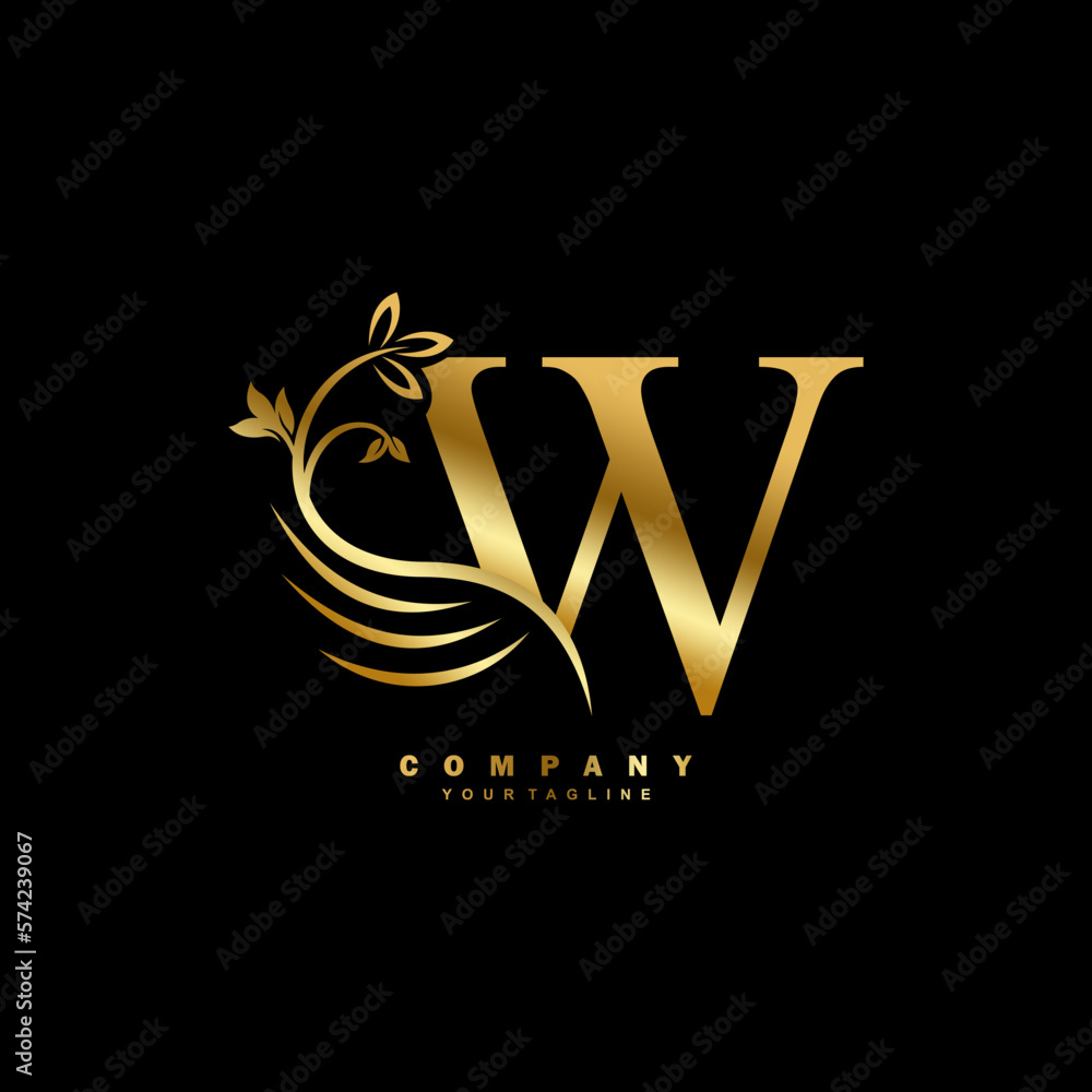 Gold luxury W letter logo with beautiful floral and feather ornament ...