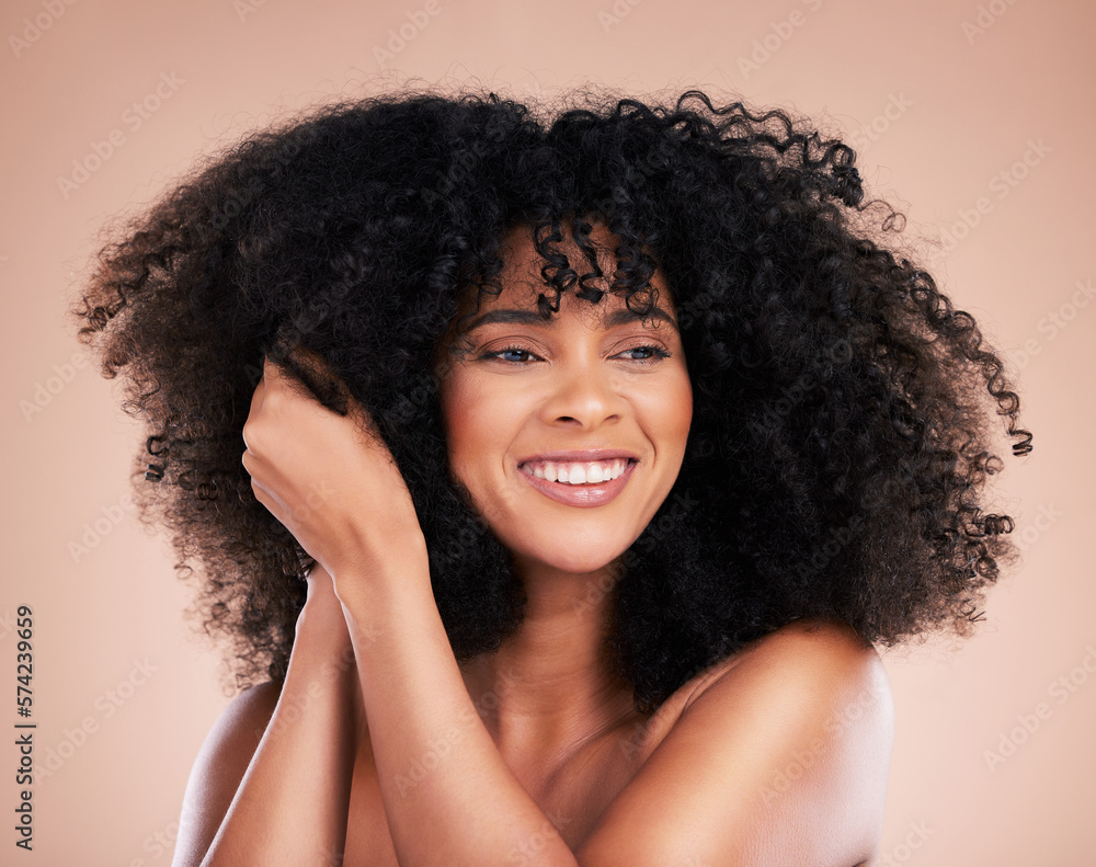 Curly hair texture, black woman and makeup of a young model with a ...