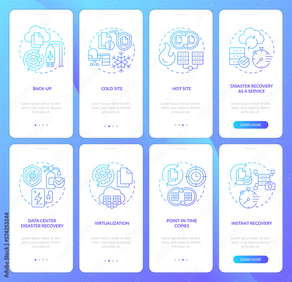 Disaster recovery blue gradient onboarding mobile app screens set ...