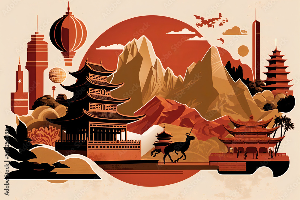 illustration of China, showcasing iconic landmarks such as the Great ...