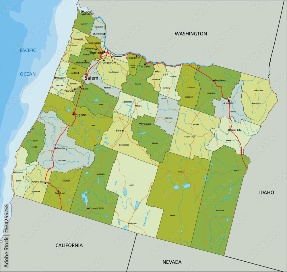Highly detailed editable political map with separated layers. Oregon ...