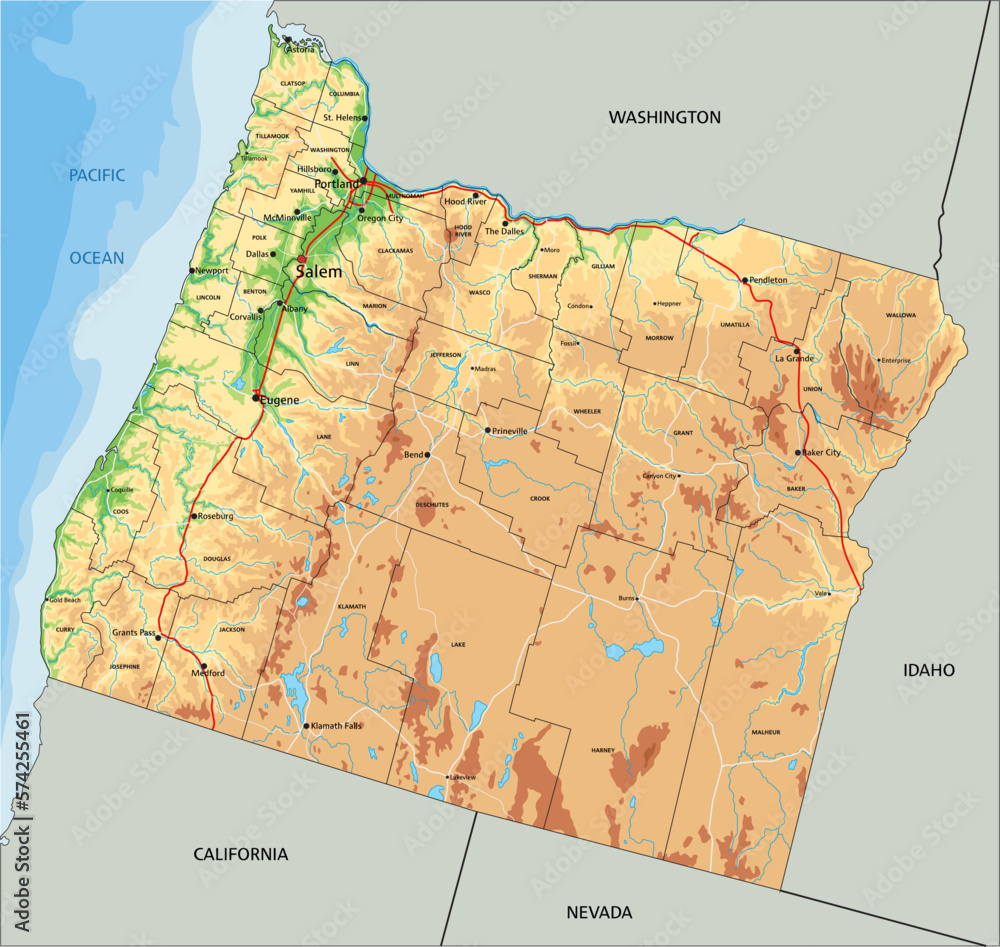 Highly detailed Oregon physical map with labeling. Stock Vector | Adobe ...