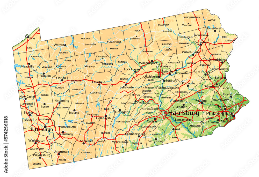 High detailed Pennsylvania physical map with labeling. Stock Vector ...