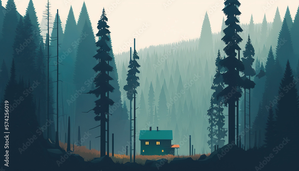 Illustration of a cabin in the forest, vector art, 4k wallpaper Stock ...
