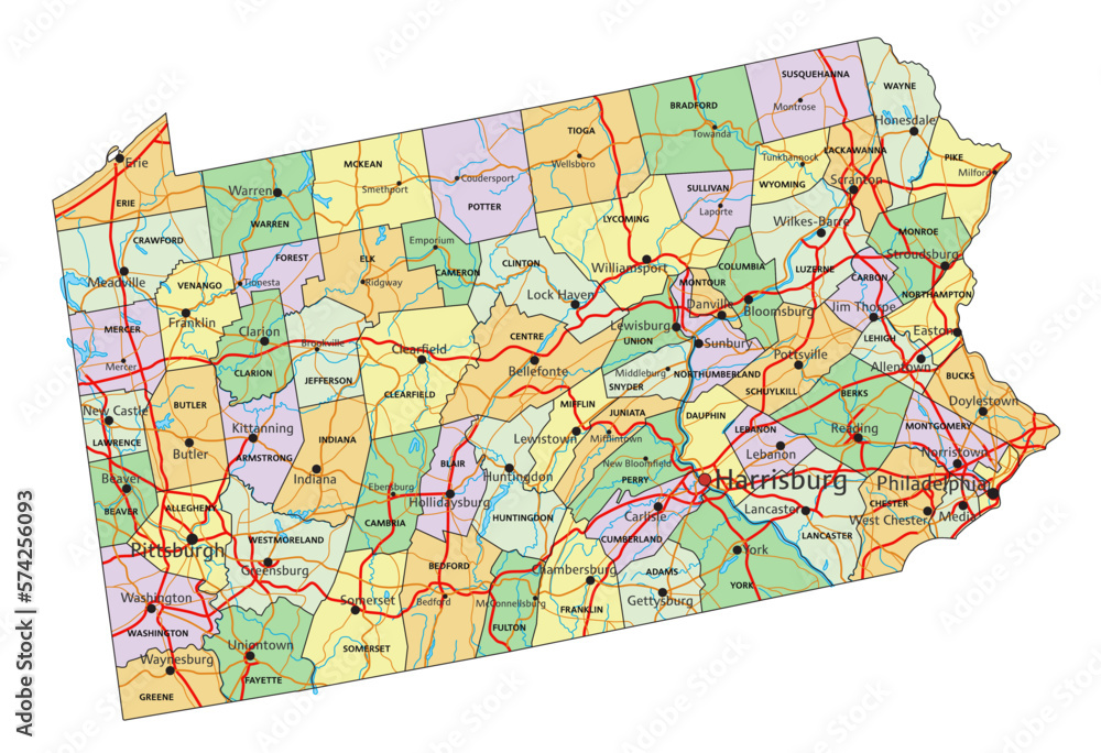 Pennsylvania - Highly detailed editable political map with labeling ...