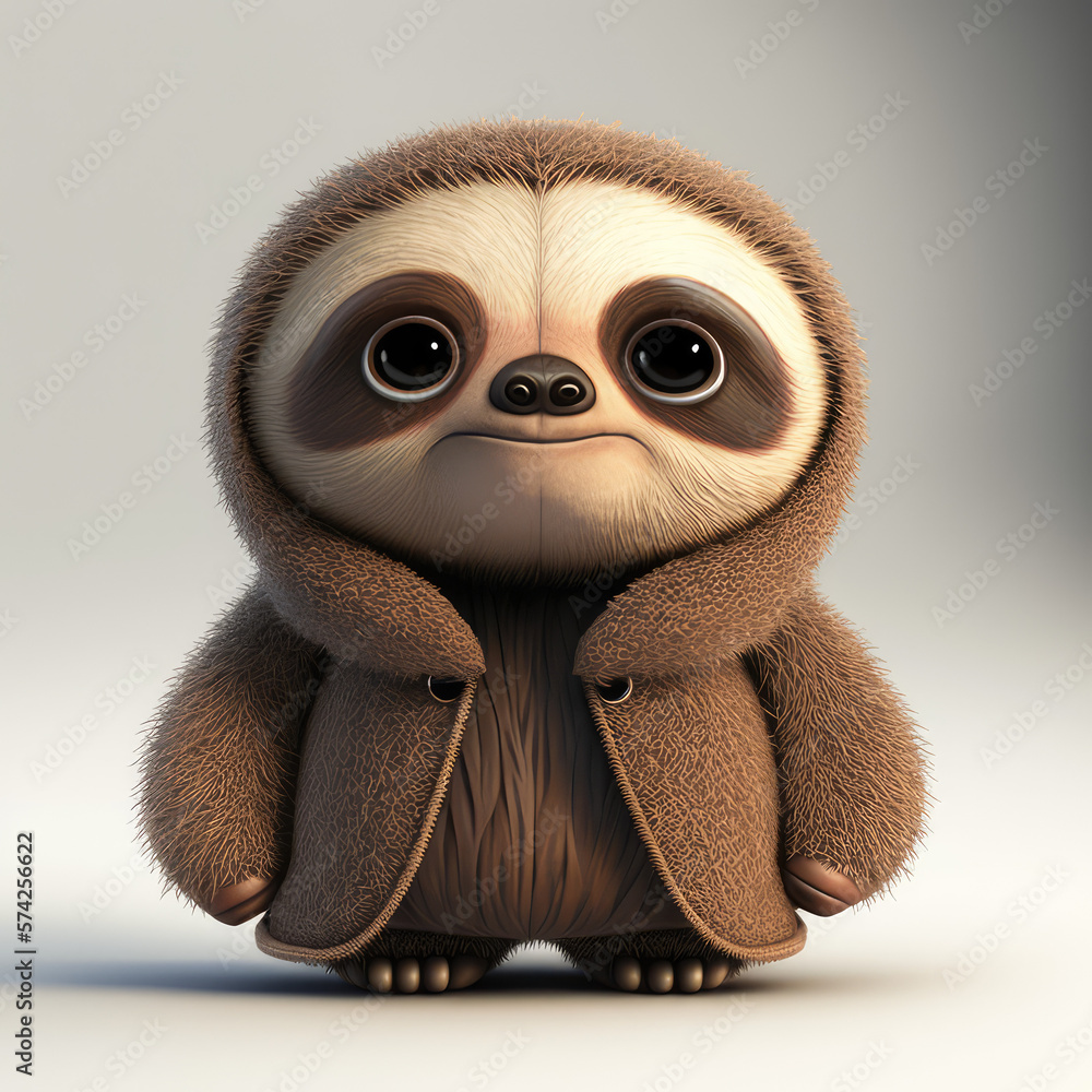 Cute baby sloth in hood 3d character isolated on white. Cartoon pet ...