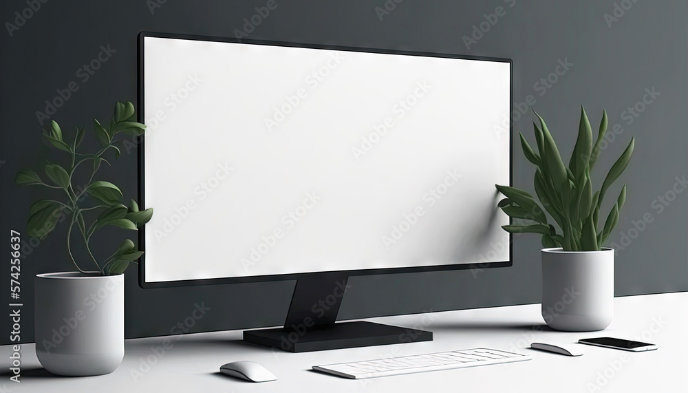 Minimal desktop, plant on white table with blank screen mockup Empty ...