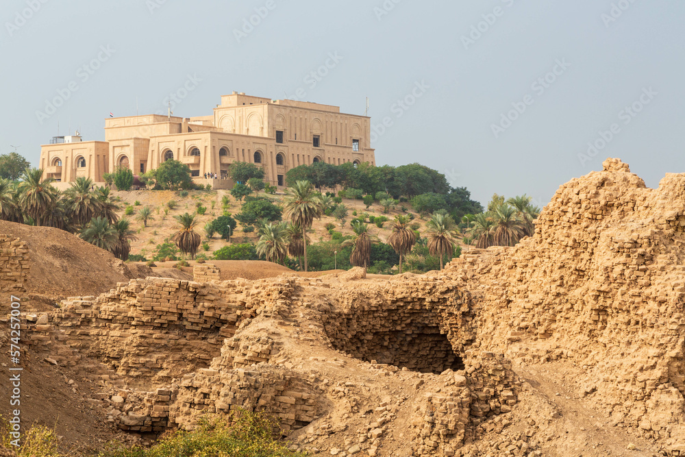 Ruins of Babylon and palace of Saddam Hussain. Babylon, Iraq. Ishtar ...