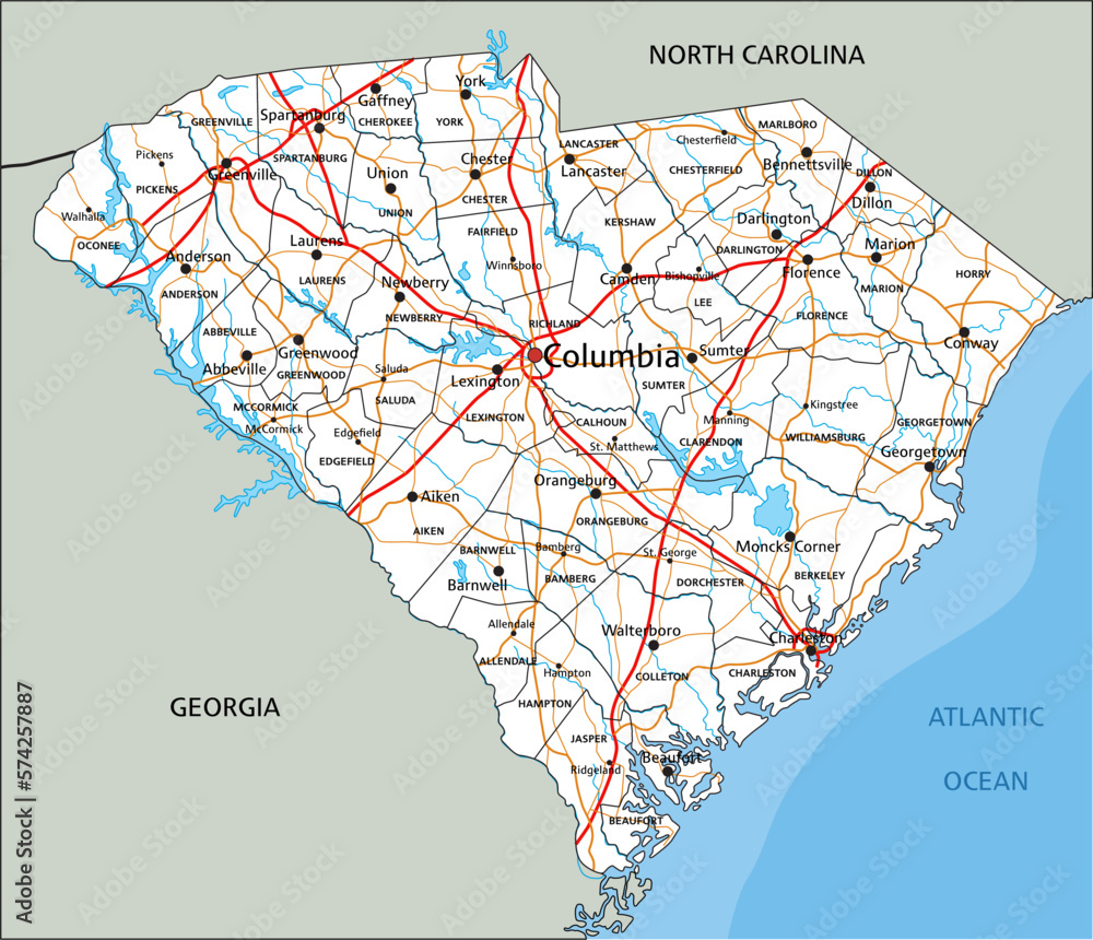 High detailed South Carolina road map with labeling. Stock Vector ...